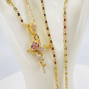 Jewelry | Rose On The Cross Pendant And Chain 14k Gold Plated | Poshmark